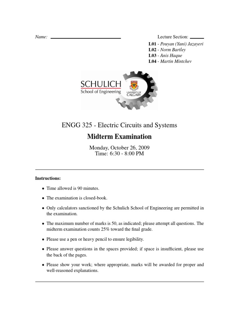 Engg 325 Electric Circuits And Systems Midterm Examination Pdf Electrical Network