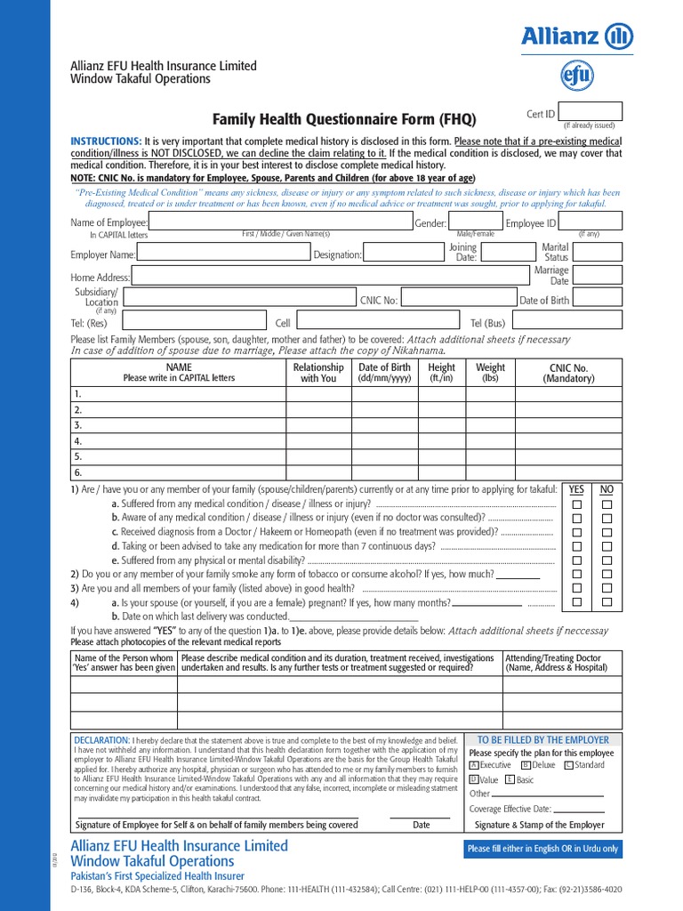 Family Health Questionnaire Form (FHQ) : Allianz EFU Health Insurance ...