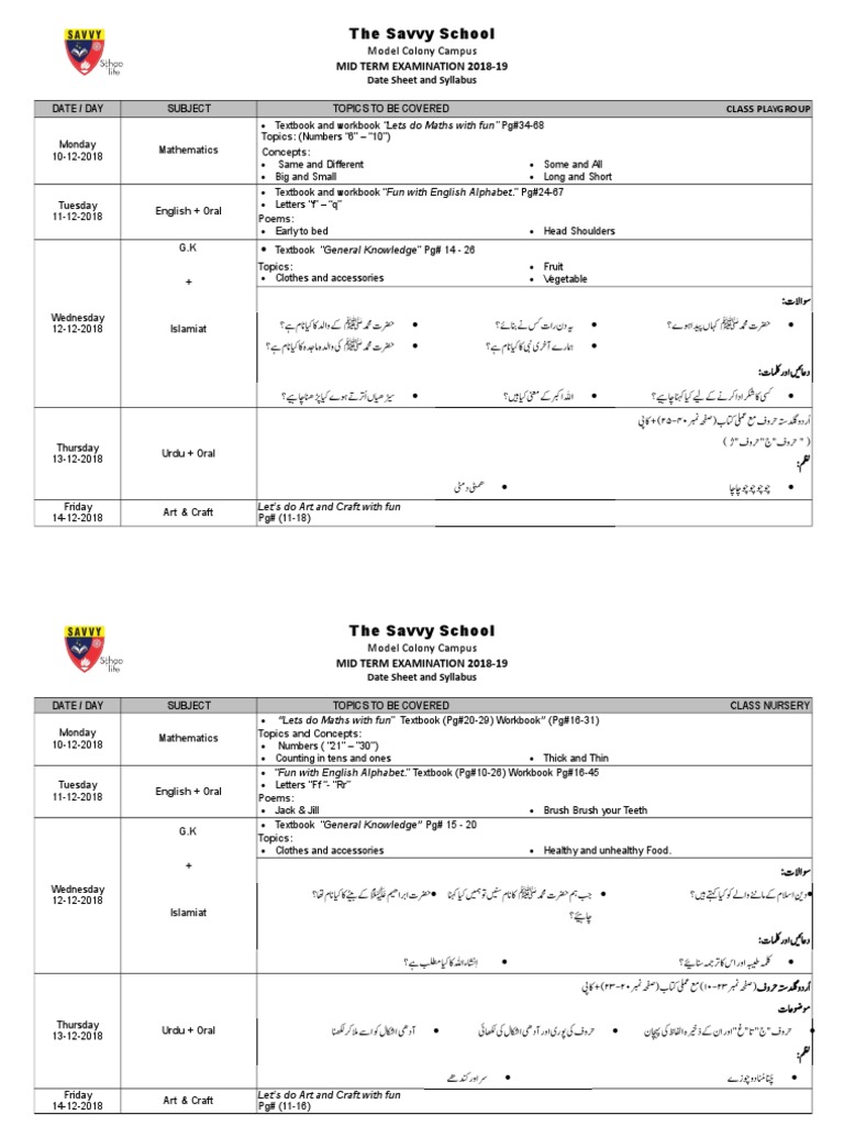 Preschool Syllabus and Datesheet PDF | PDF