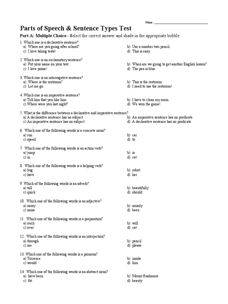 Parts of Speech Test | PDF | Part Of Speech | Verb