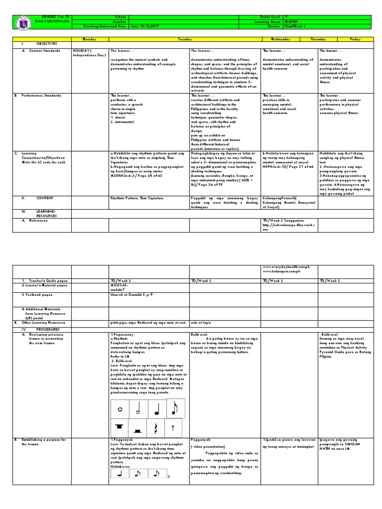 Grade 5 DLL Q1 Week 2 MAPEH | PDF