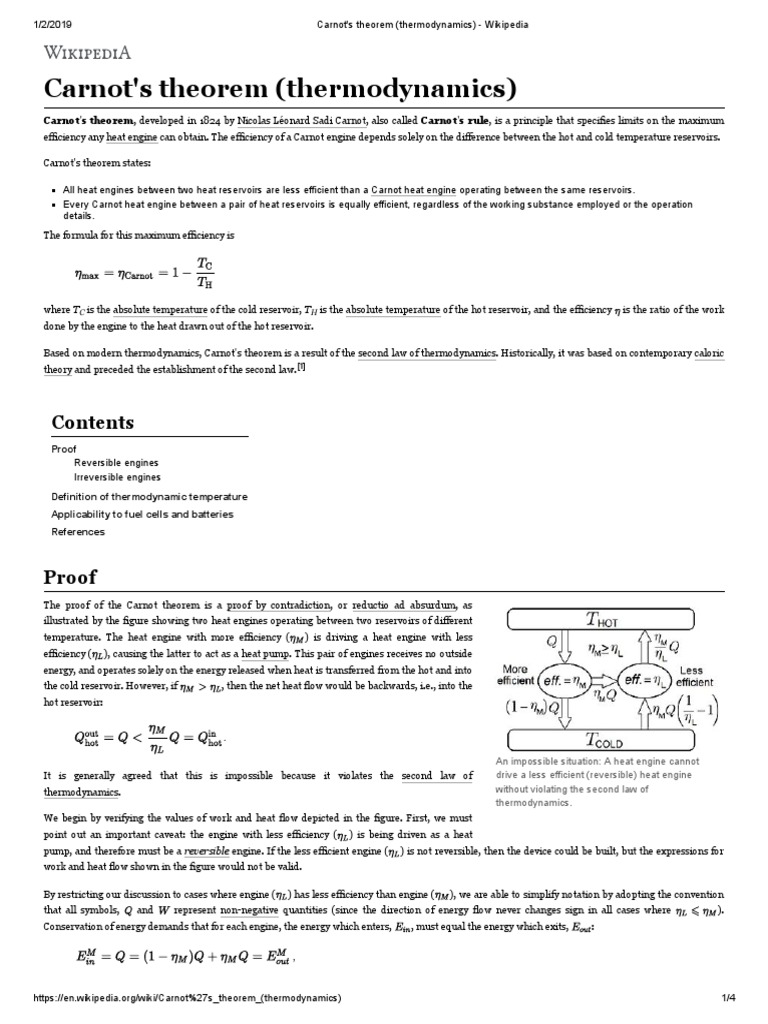 Carnot's Theorem (Thermodynamics) - Wikipedia | PDF | Heat | Temperature