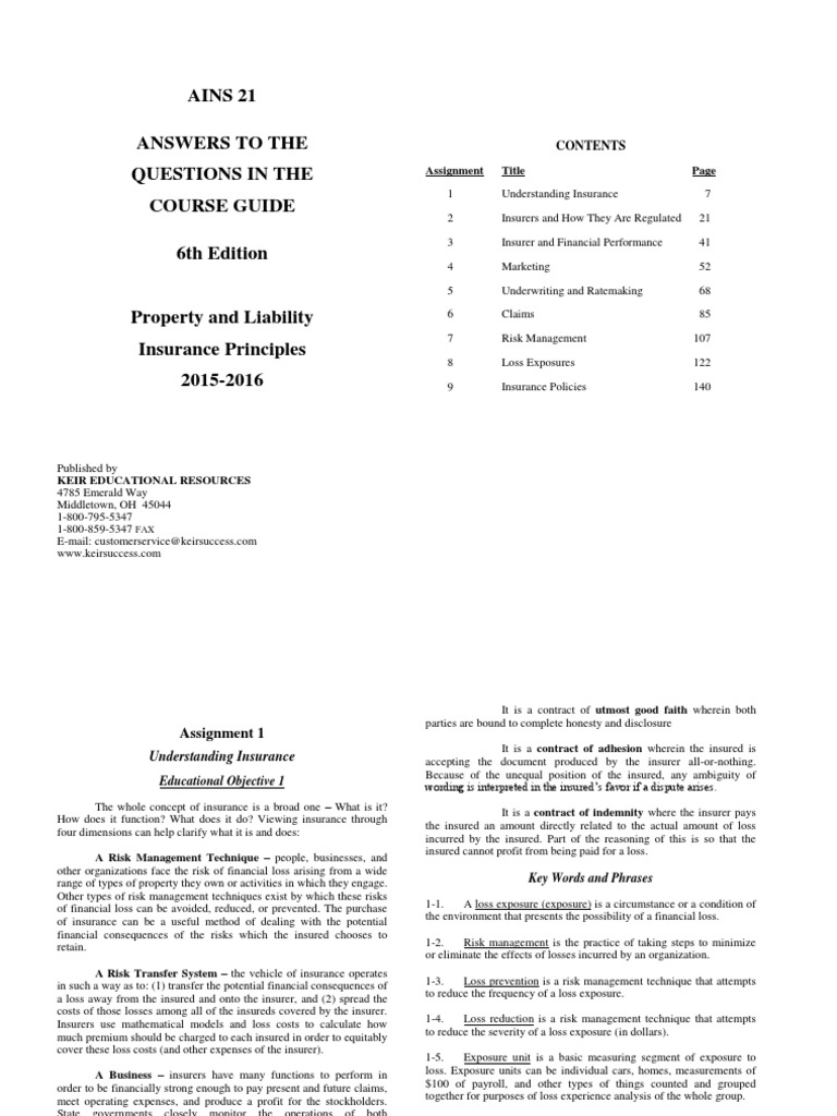 Ains 21 Answers To The Questions in The Course Guide 6th Edition | PDF | Insurance | Risk Management