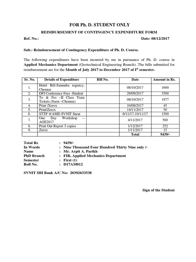 Arpit - Contingency Form 2017 | PDF | Expense | Doctor Of Philosophy