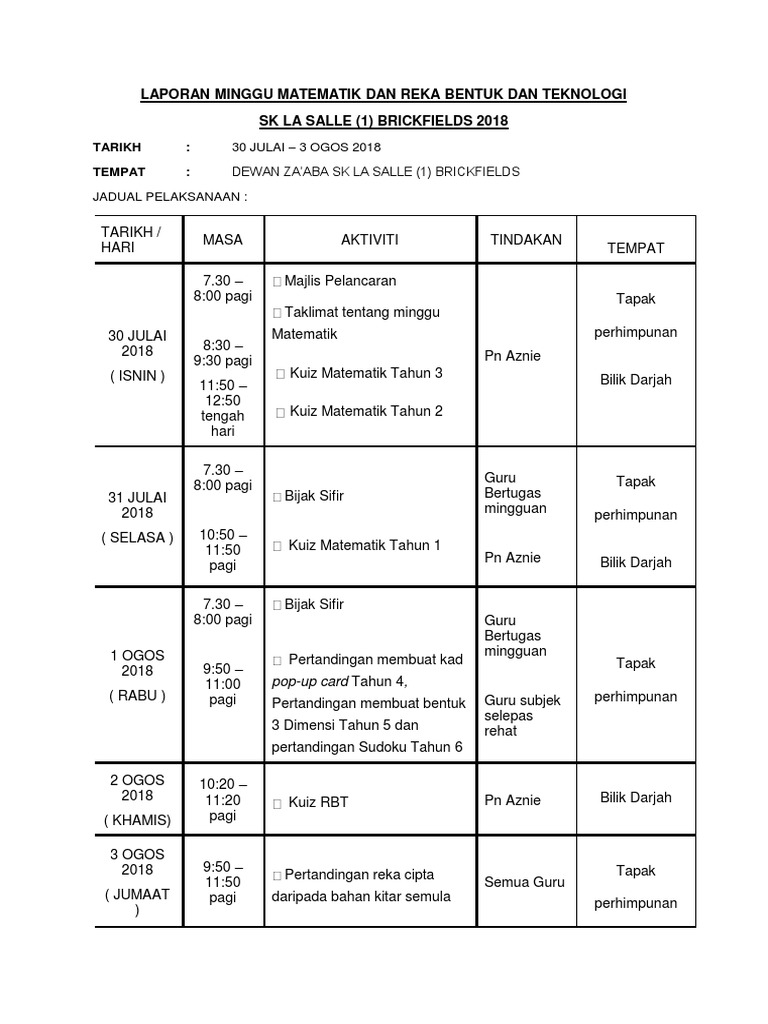 Minggu Matematik dan RBT SK La Salle (1) Brickfields 2018 | PDF