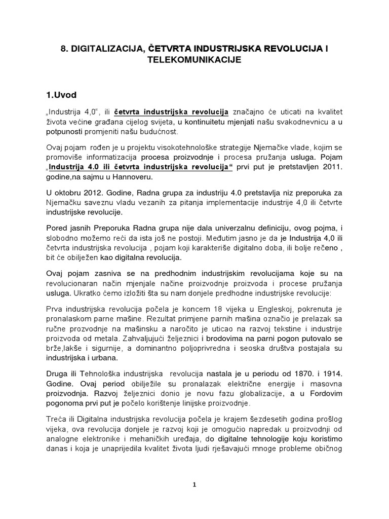 Digitalizacija, Četvrta Industrijska Revolucija I Telekomunikacije | PDF