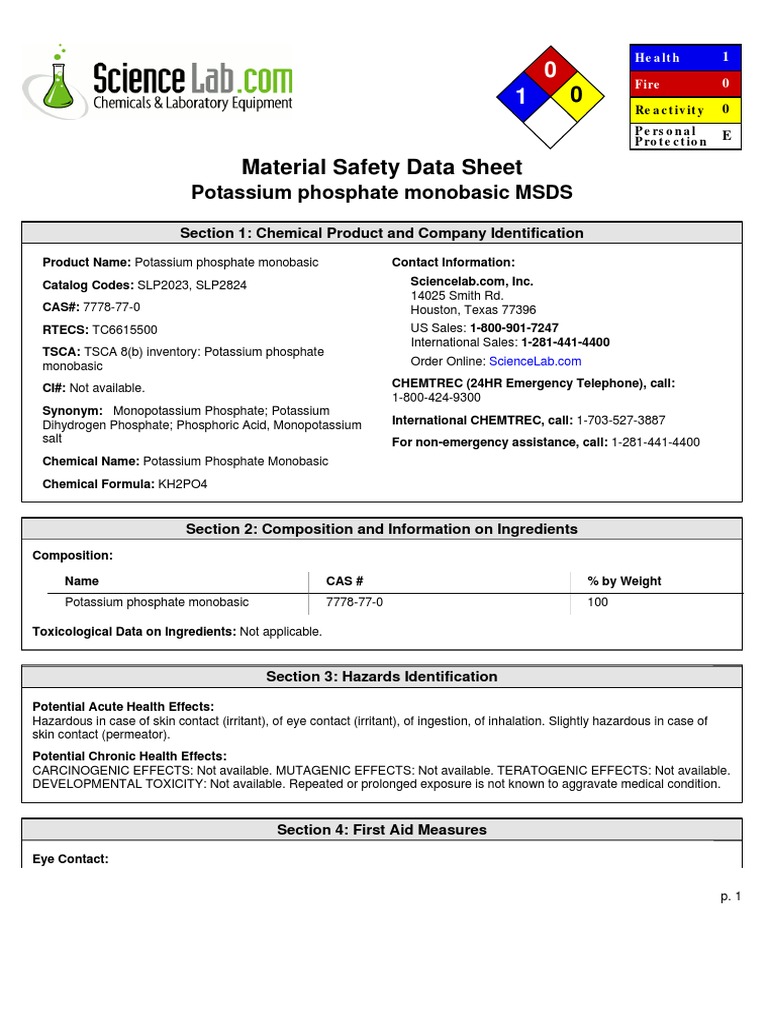 Potassium Phosphate Monobasic MSDS: Section 1: Chemical Product and ...