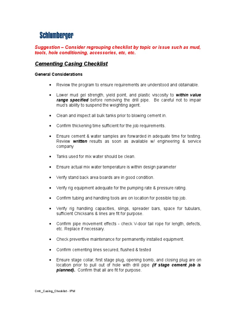 CMT Casing Checklist - IPM | PDF | Casing (Borehole) | Drilling Rig