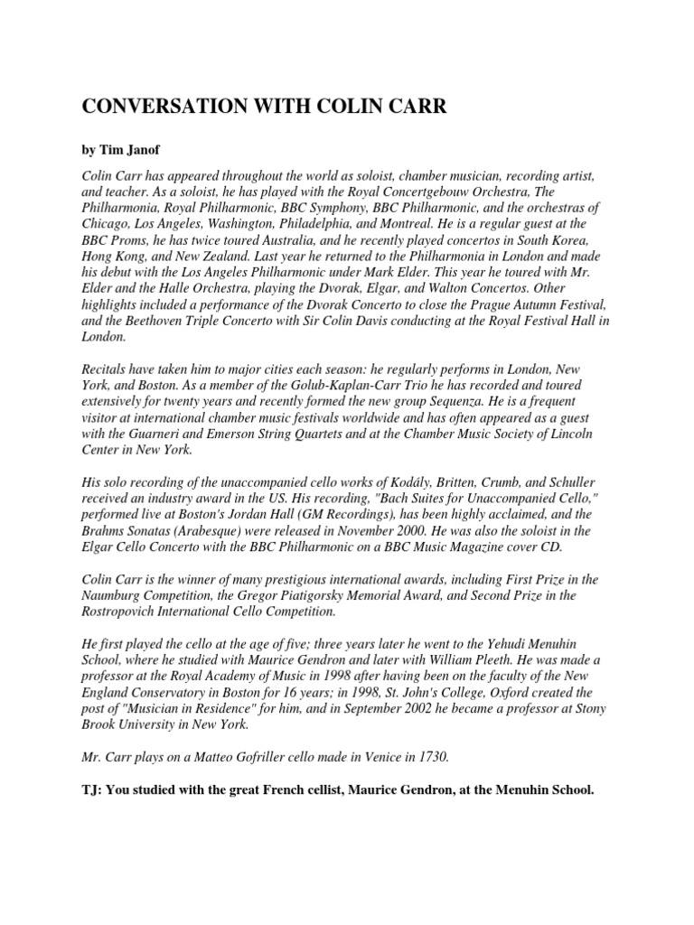 Conversation With Colin Carr: by Tim Janof | PDF | String Instruments ...