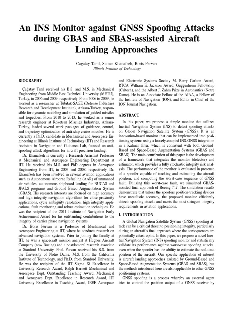 An INS Monitor Against GNSS Spoofing Attacks During GBAS and SBAS-Assisted Aircraft Landing ...