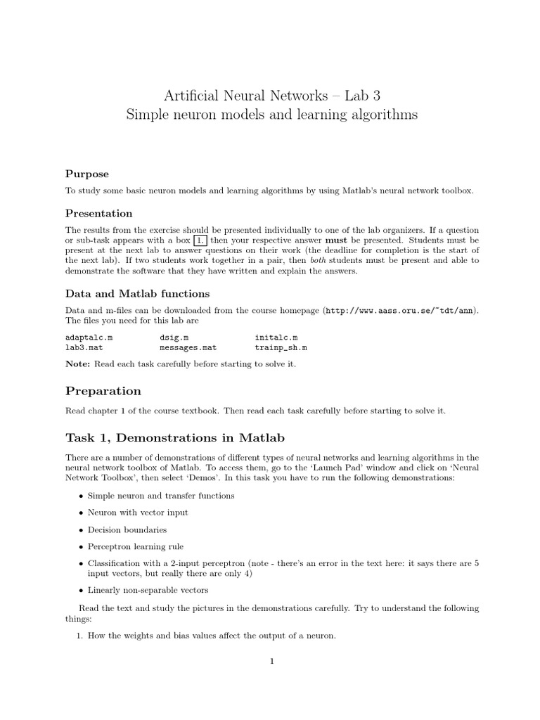 Artificial Neural Networks - Lab 3 Simple Neuron Models and Learning ...