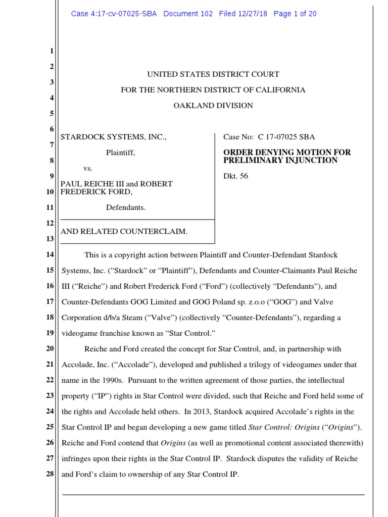 Stardock Systems Inc. vs. Paul Reiche III and Robert Frederick Ford ...