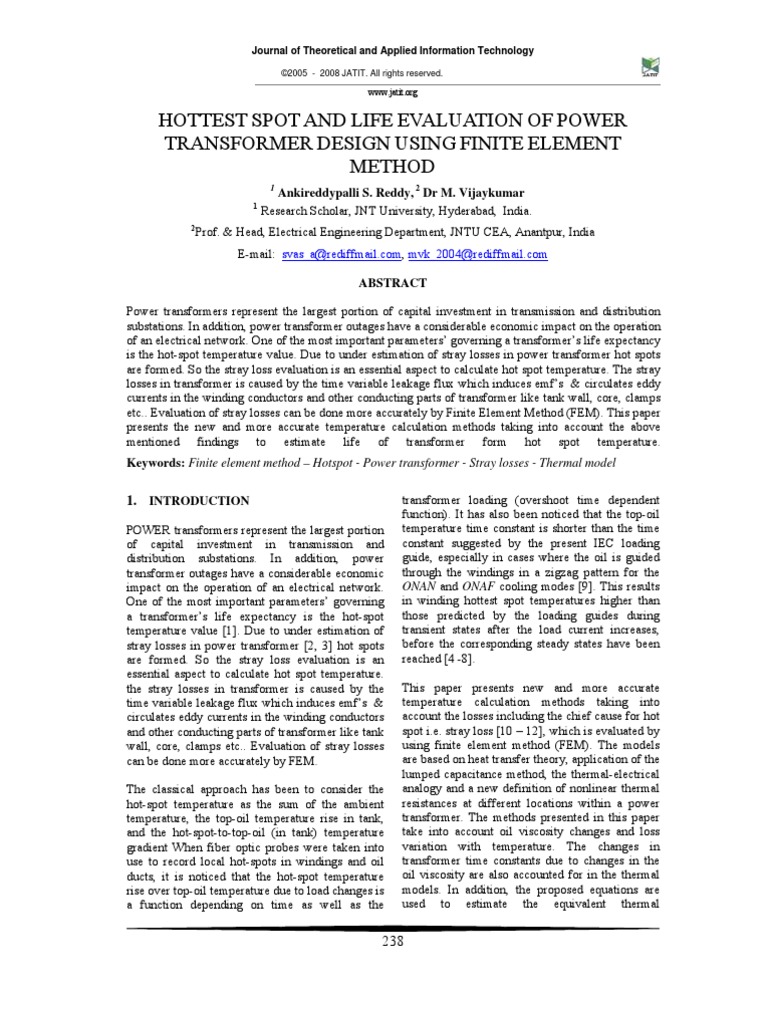 Finite Element Method Hotspot Power Transformer Stray Losses Thermal Model Pdf Transformer