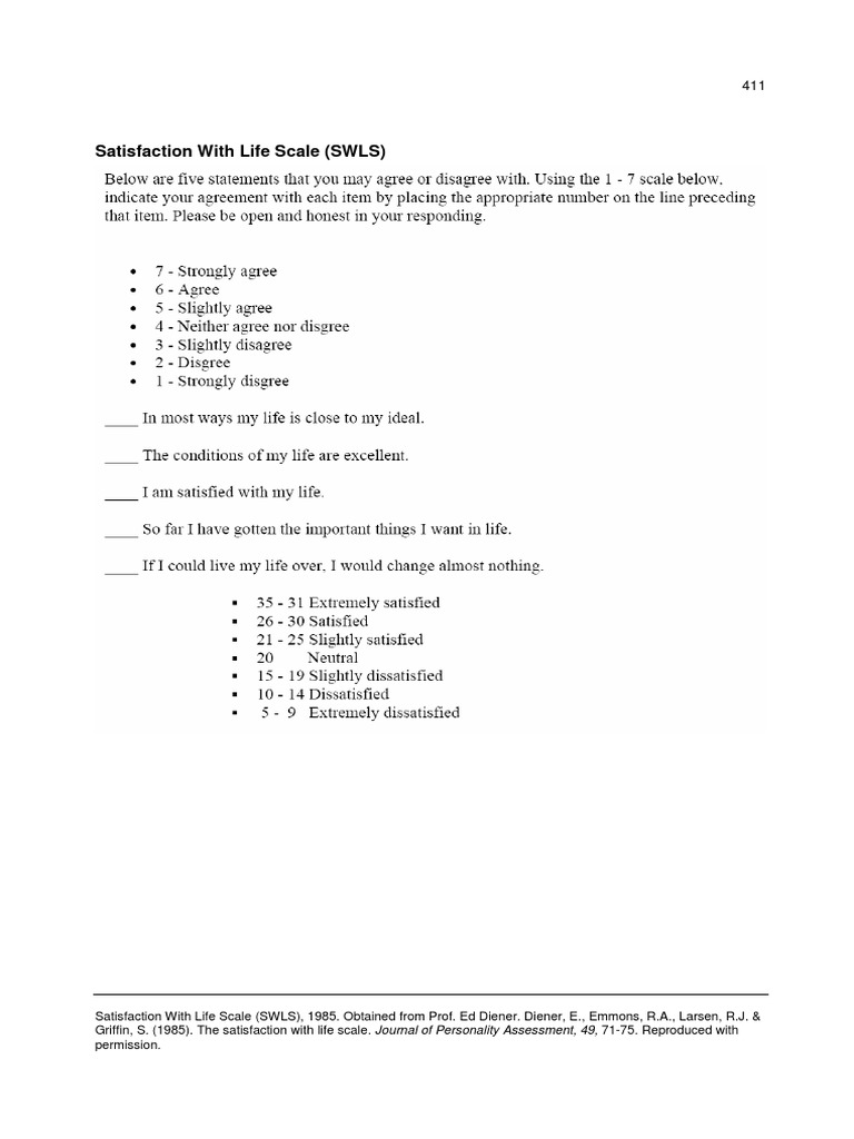 Satisfaction With Life Scale (SWLS) | Download Free PDF | Positive ...