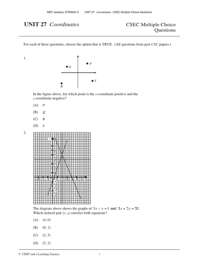 UNIT 27 Coordinates: CSEC Multiple Choice Questions | PDF | Discrete ...