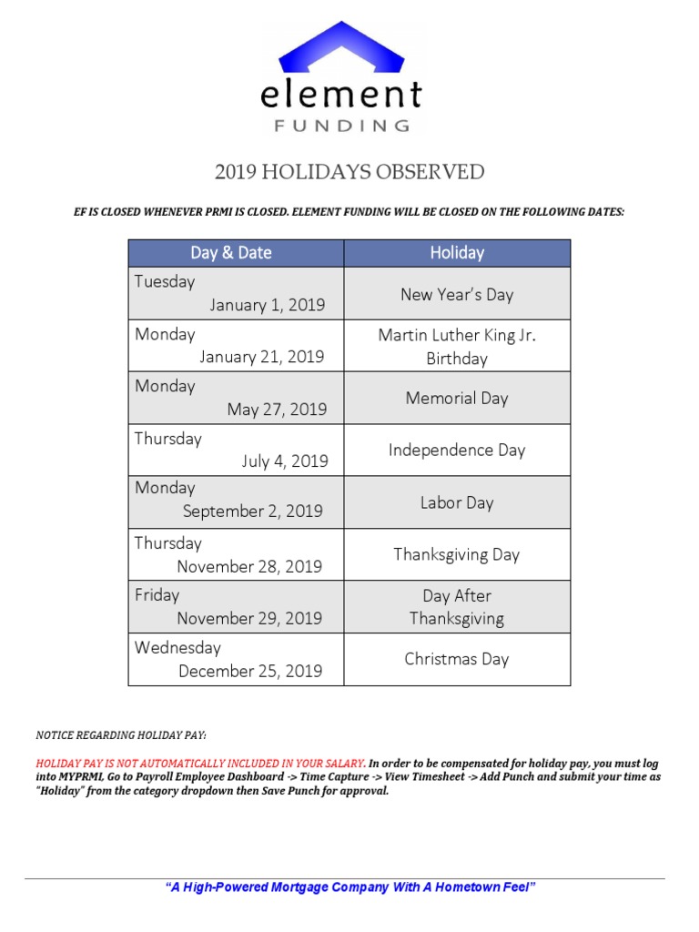 2019 Holidays Observed | PDF