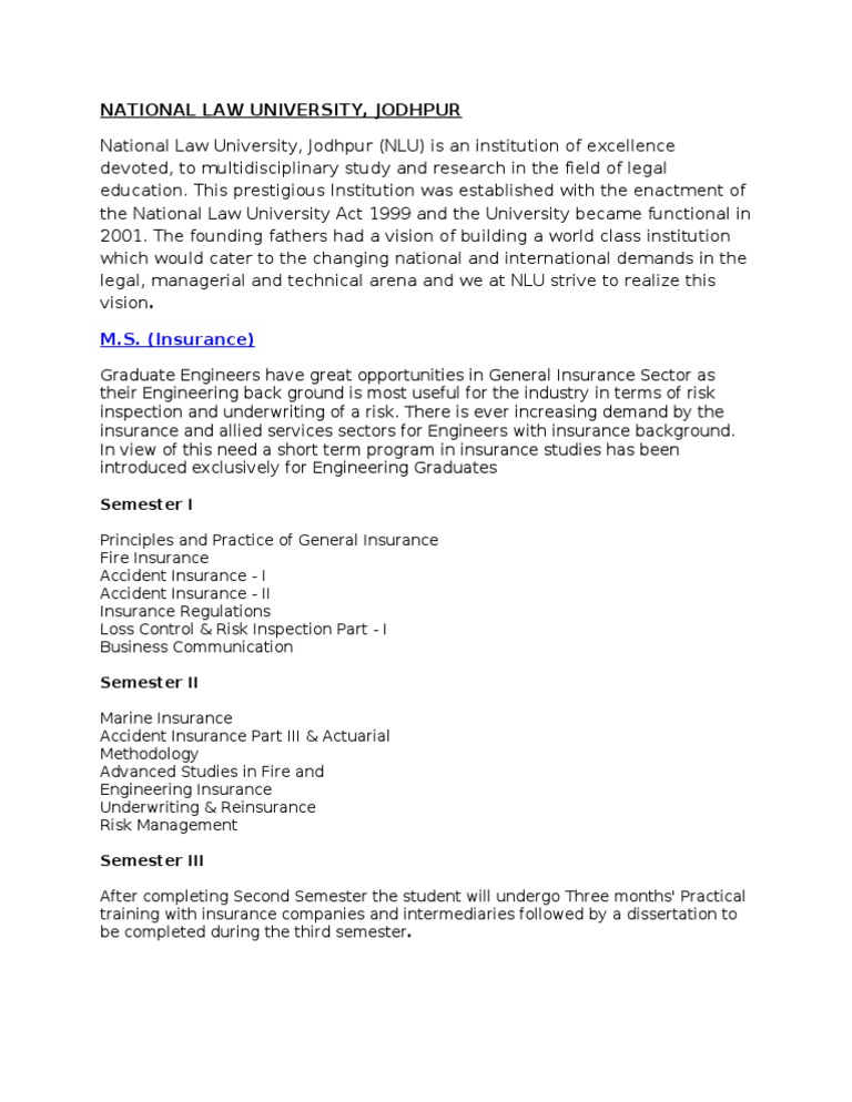 NLU Jodhpur: M.S. in Insurance Program | PDF