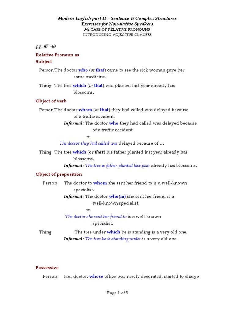 3-02 Case of Relative Pronouns Introducing Adjective Clauses | PDF ...