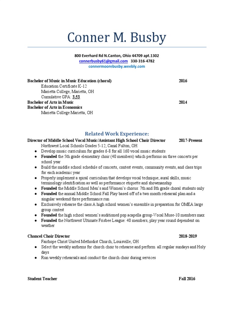 Conner Updated Resume-2019 | PDF | Choir | Middle Schools