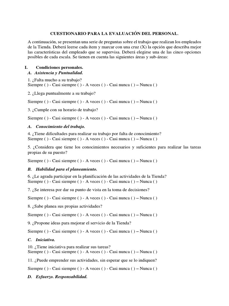 Cuestionario para La Evaluación Del Personal - Encuesta 360 | PDF | Cuestionario | Planificación