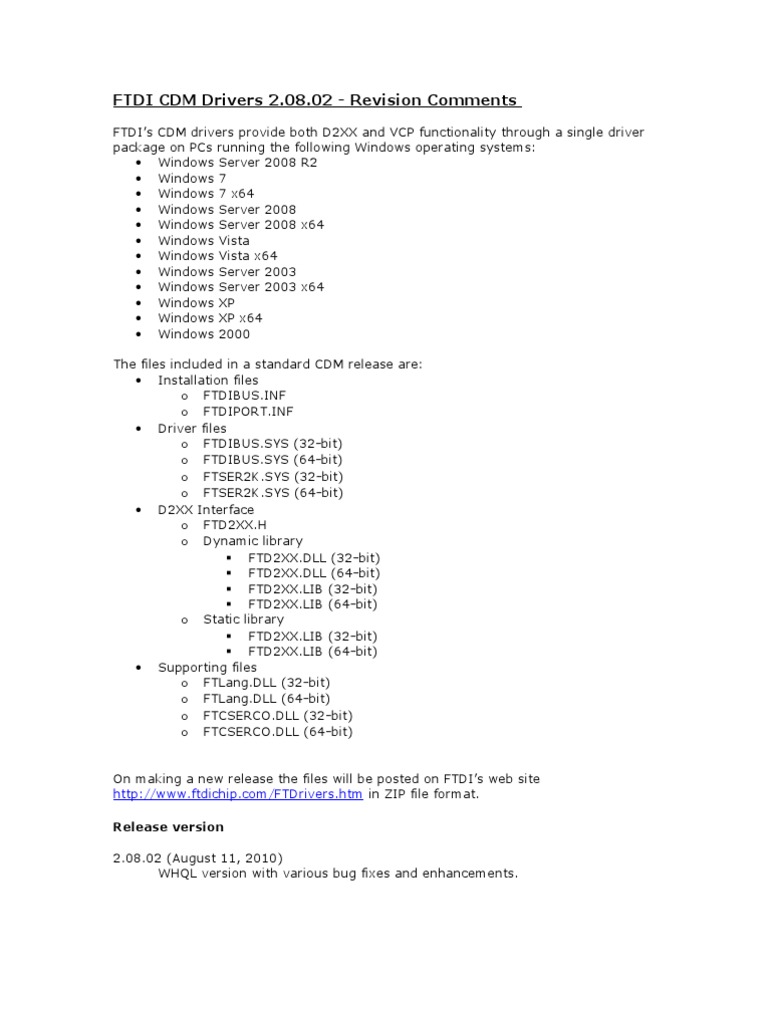 FTDI CDM Drivers 2.08.02 Overview | PDF | Microsoft Windows | 64 Bit ...