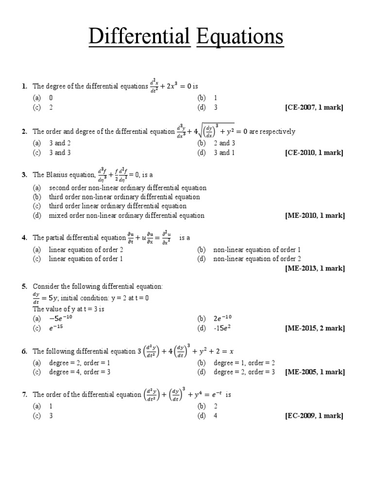 Differential Equations GATE MCQ | PDF | Nonlinear System | Equations