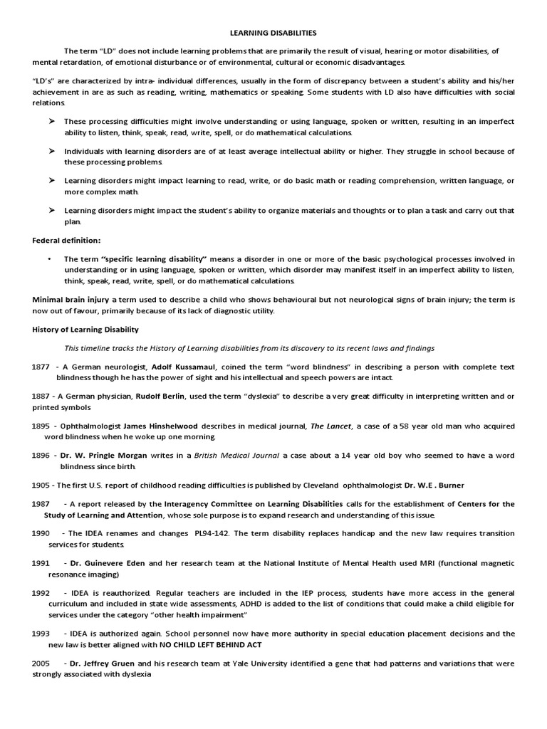 Learning Disabilities Summary1 | PDF | Learning Disability | Cerebrum