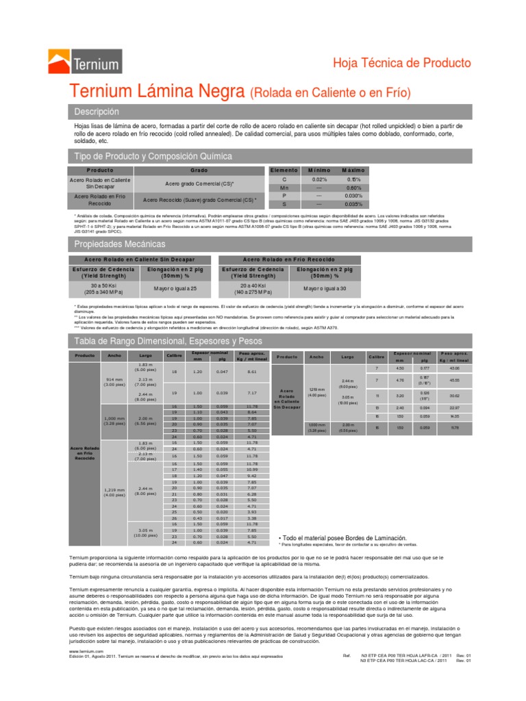 Hoja Tecnica Ternium Lamina Negra PDF | PDF | Acero | Ingeniería