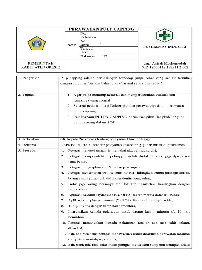 Sop Perawatan Pulp Capping | PDF