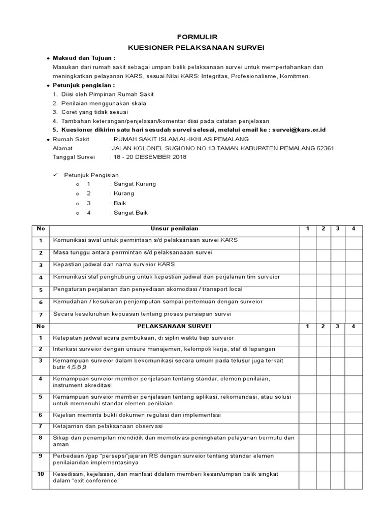 Angket Survey Form Kuisioner Pelaksanaan Survey | PDF