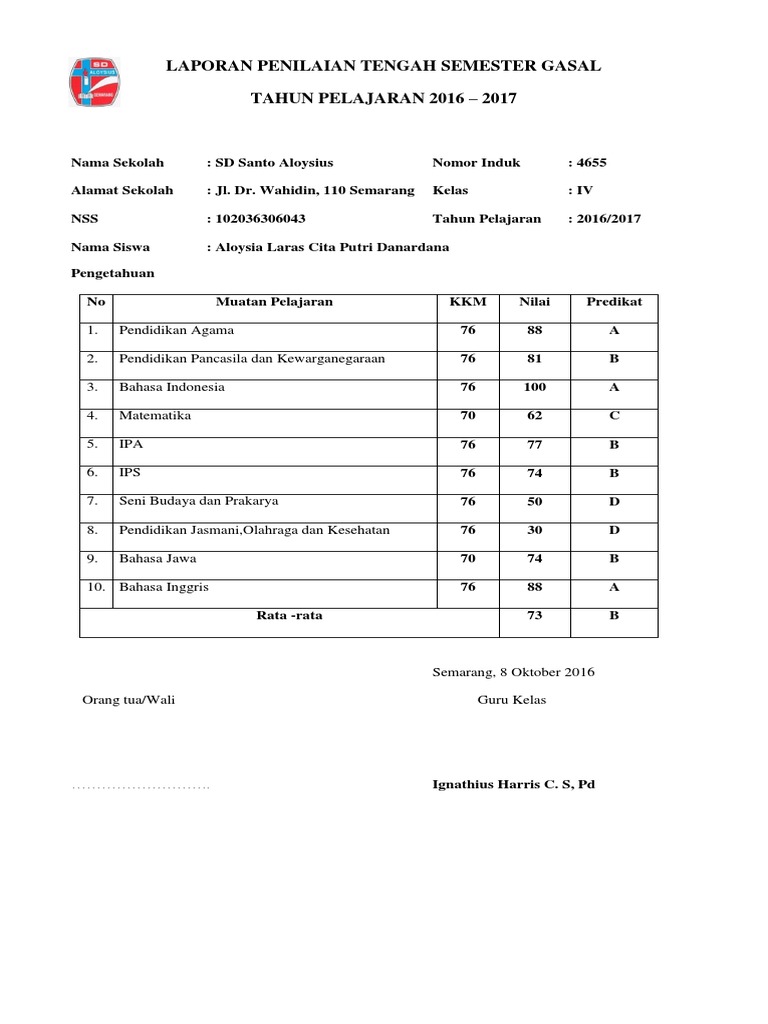 Laporan Hasil Penilaian Tengah Semester Gasal | PDF