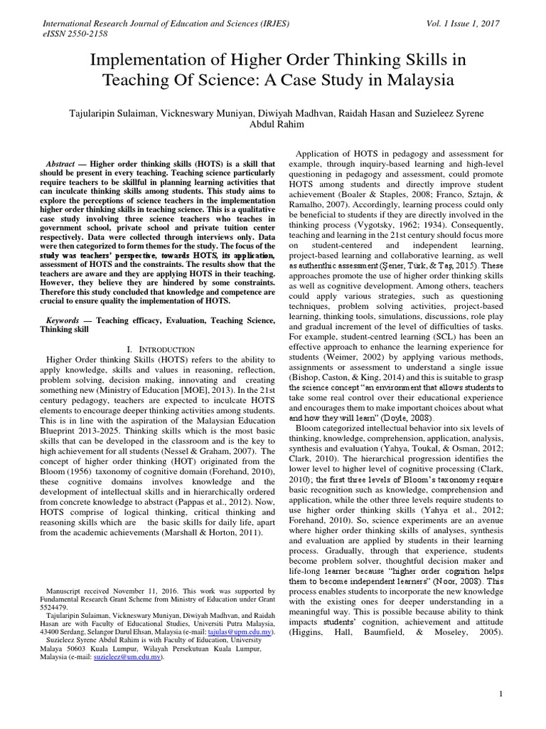 Science Teachers & HOTS Implementation | PDF | Project Based Learning ...
