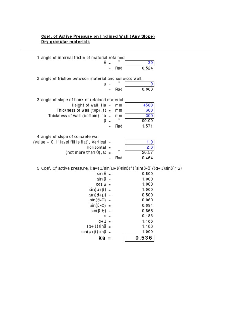 Ka Calculation Example | PDF | Friction | Slope