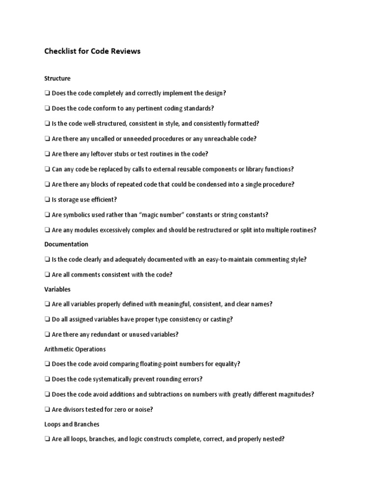 Checklist For Code Reviews | PDF | Control Flow | Variable (Computer ...