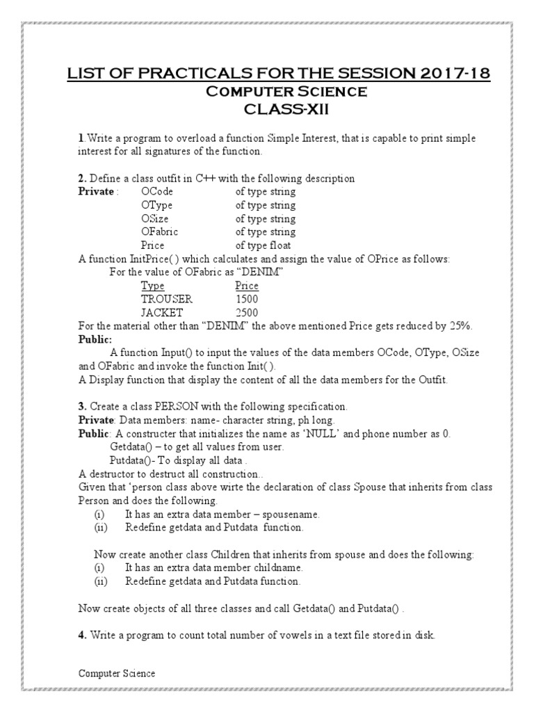 List of Practicals For The Session 2017-18 Computer Science Class-Xii | Download Free PDF ...