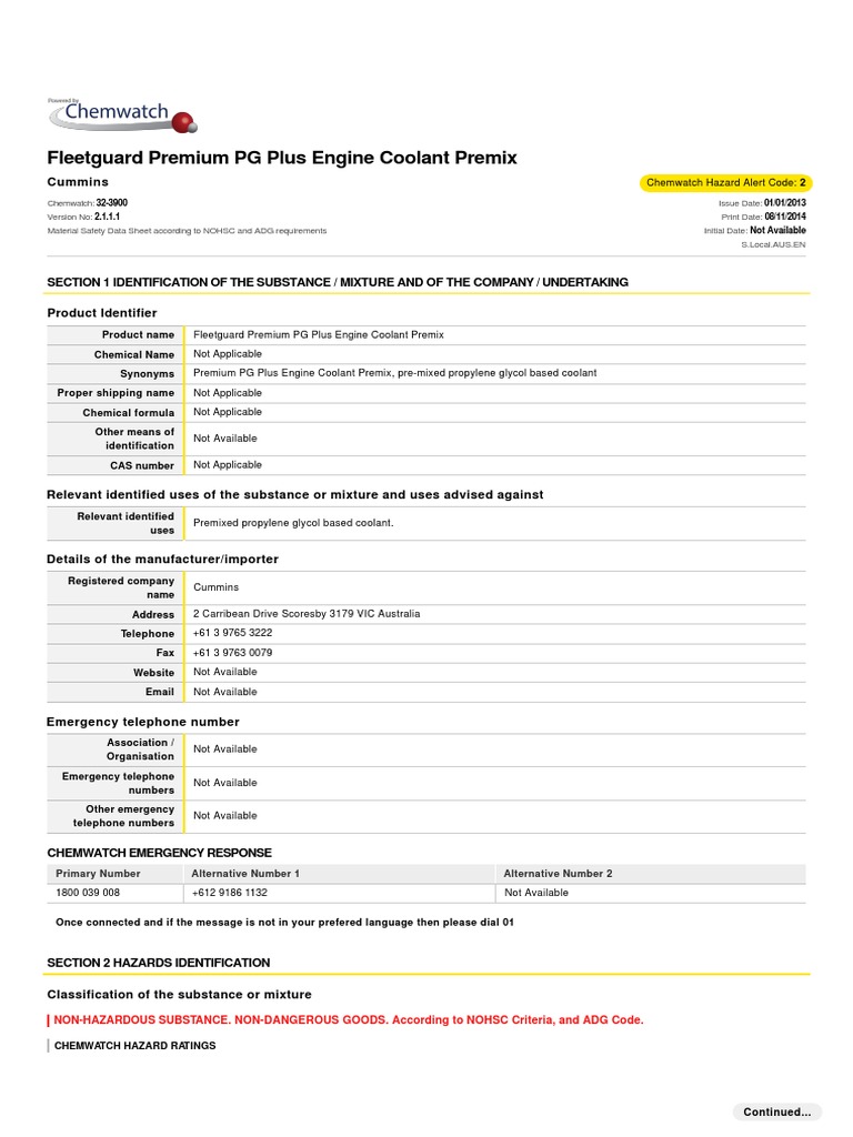 32-3900 Fleetguard PG Plus Premix Coolant 0 | PDF | Dangerous Goods ...
