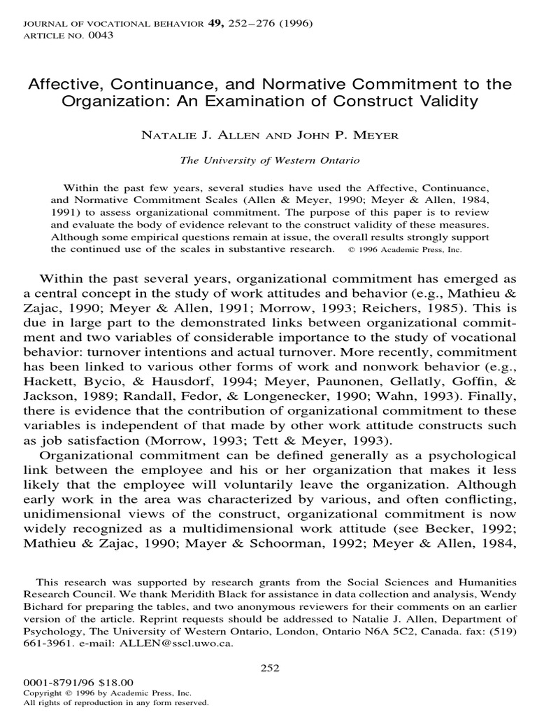 Affective, Continuance, and Normative Commitment To The Organization: An Examination of ...