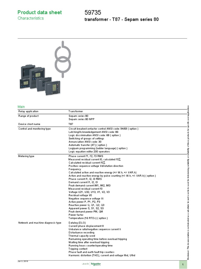 Product Data Sheet: Transformer - T87 - Sepam Series 80 | PDF ...