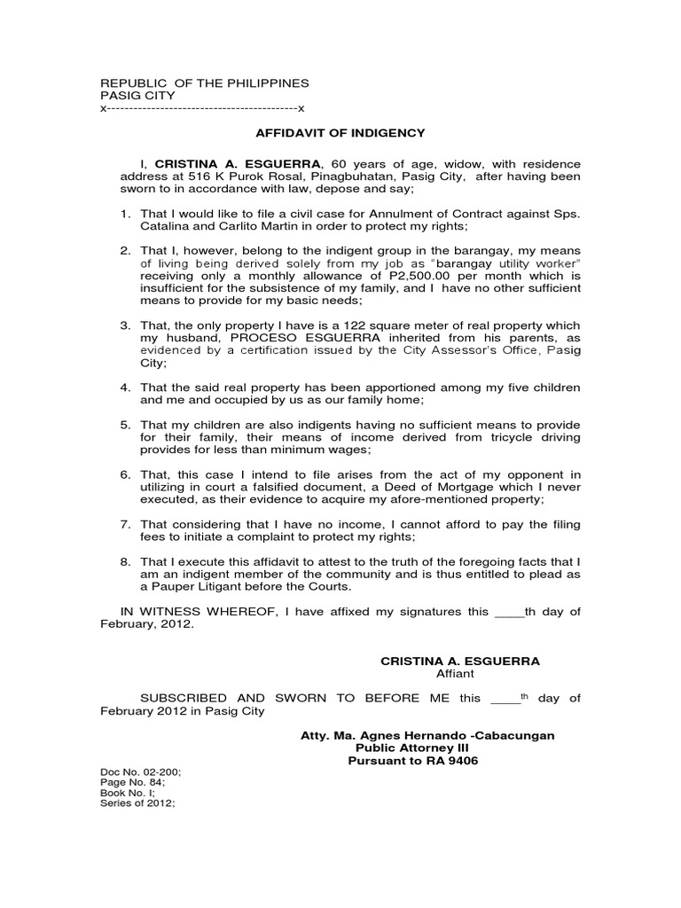AFFIDAVIT of Indigency | PDF | Affidavit | Government