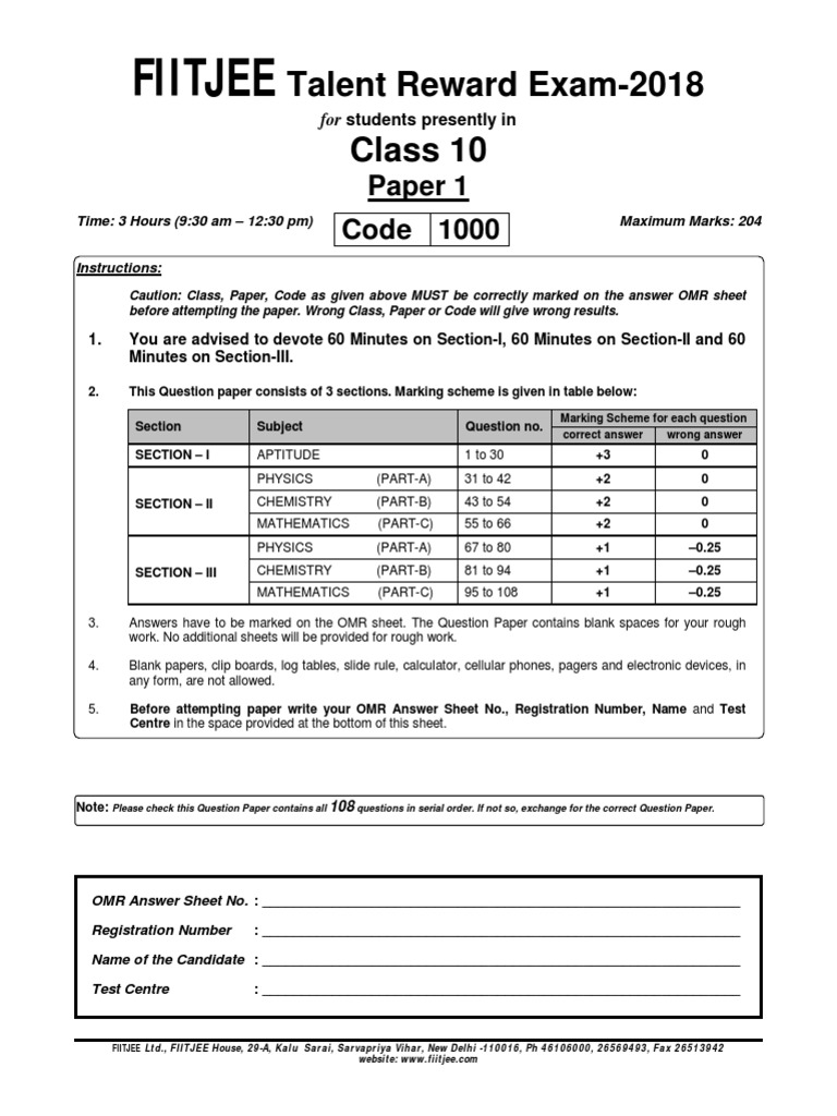 Analysis of FIITJEE Talent Reward Exam 2018 Class 10 Paper 1 | PDF ...