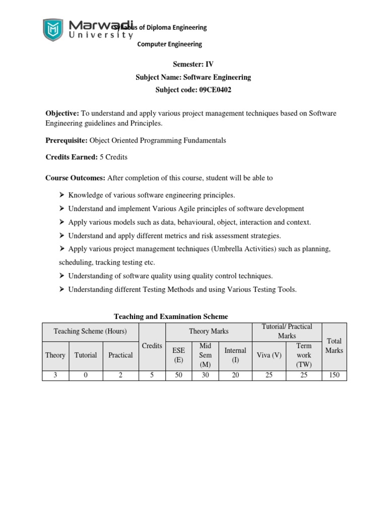 Semester: IV Subject Name: Software Engineering Subject Code: 09CE0402 ...