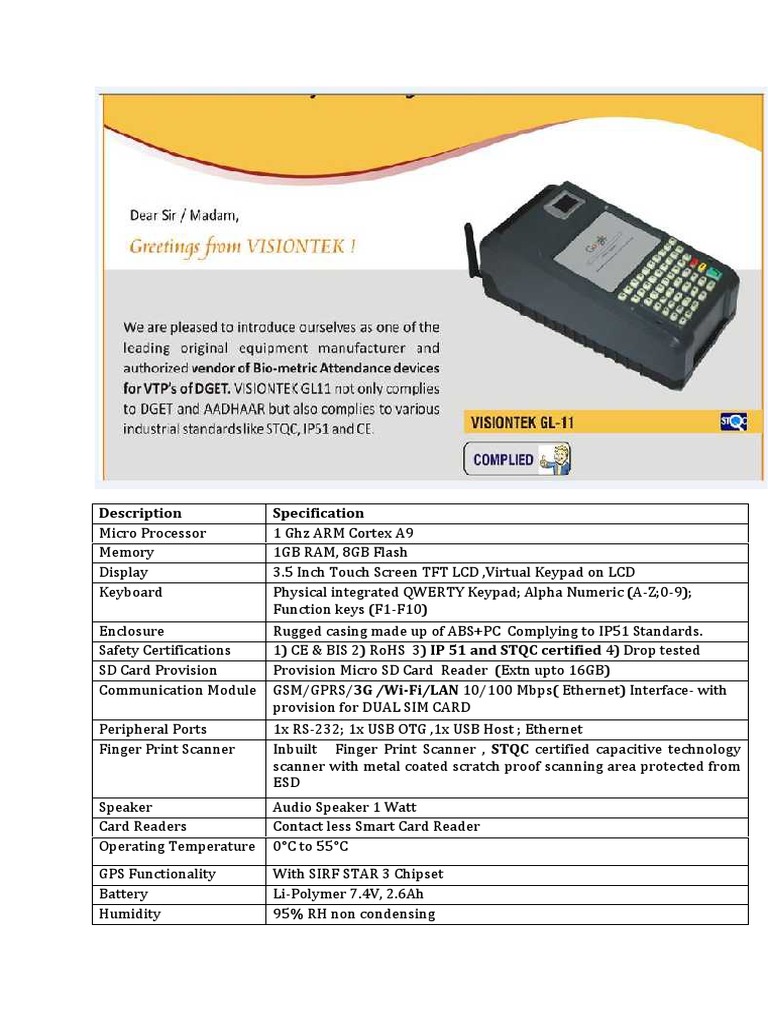 Visiontek GL-11 Bio-Metric Attendance Device Without Printer | PDF