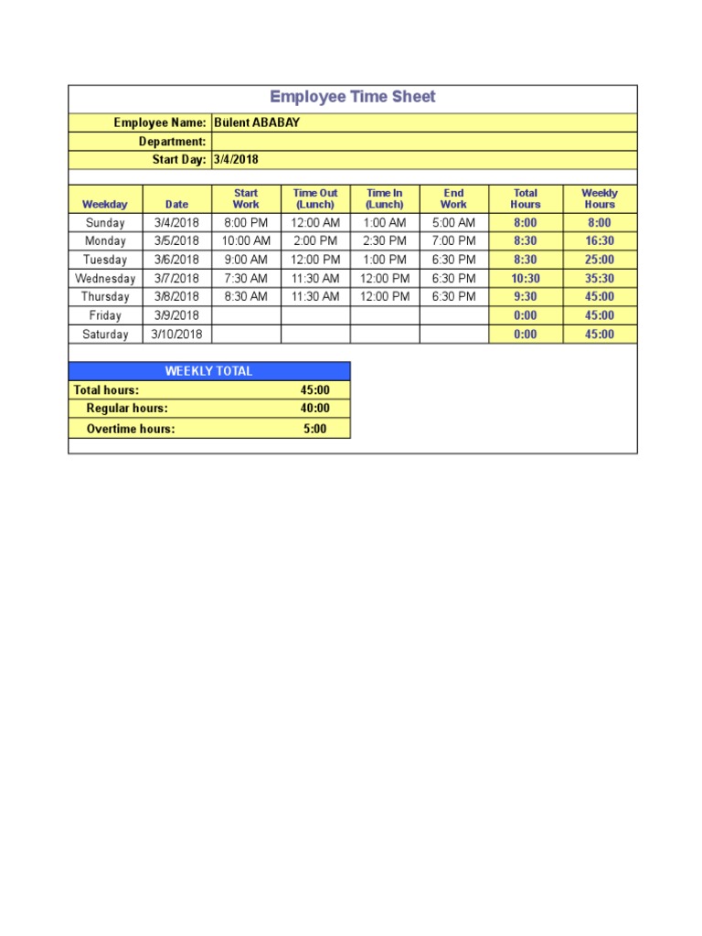 Weekly Employee Time Sheet | PDF | Cooking, Food & Wine