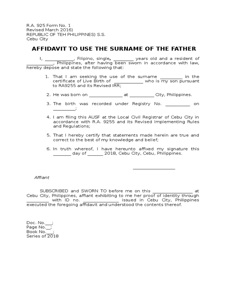 Affidavit To Use Surname of Father-Sample | PDF | Law