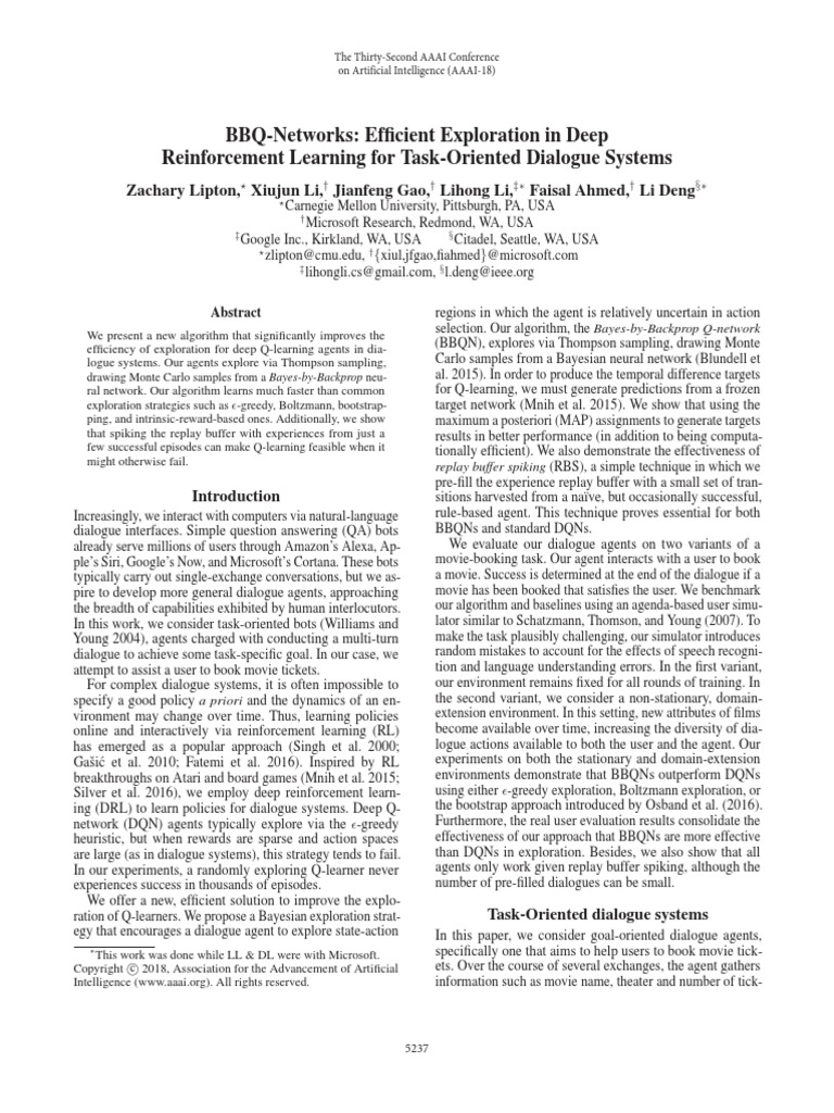BBQ-Networks: Efficient Exploration in Deep Reinforcement Learning For Task-Oriented Dialogue ...