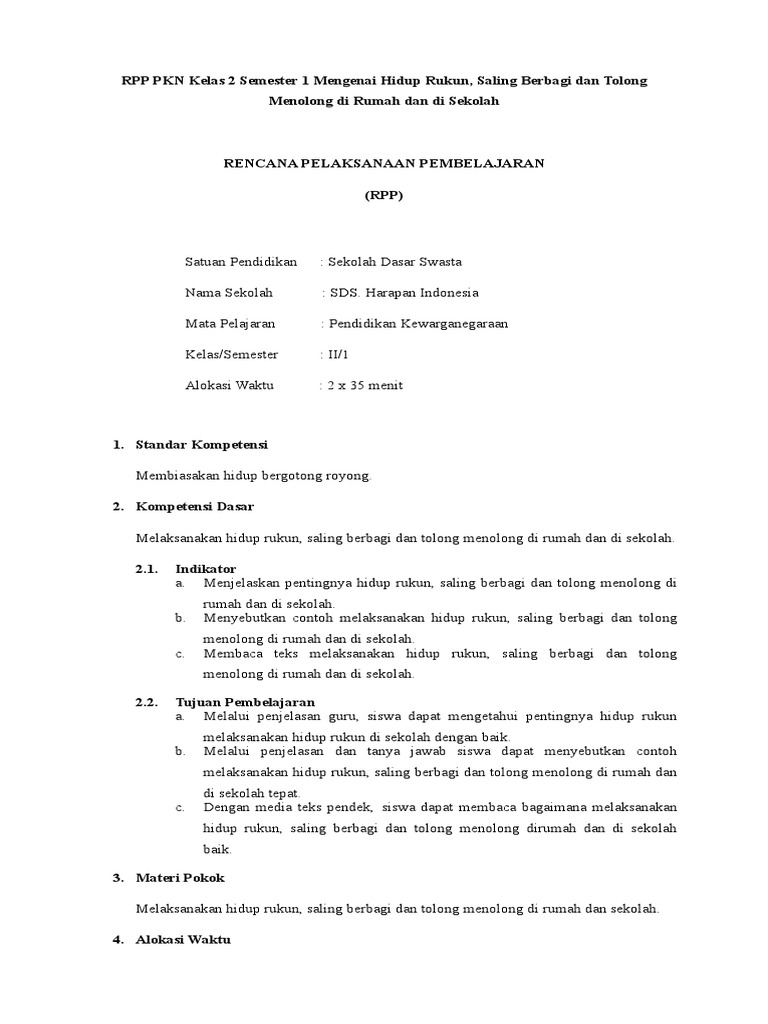RPP PKN Kelas 2 Semester 1 Mengenai Hidup Rukun | PDF