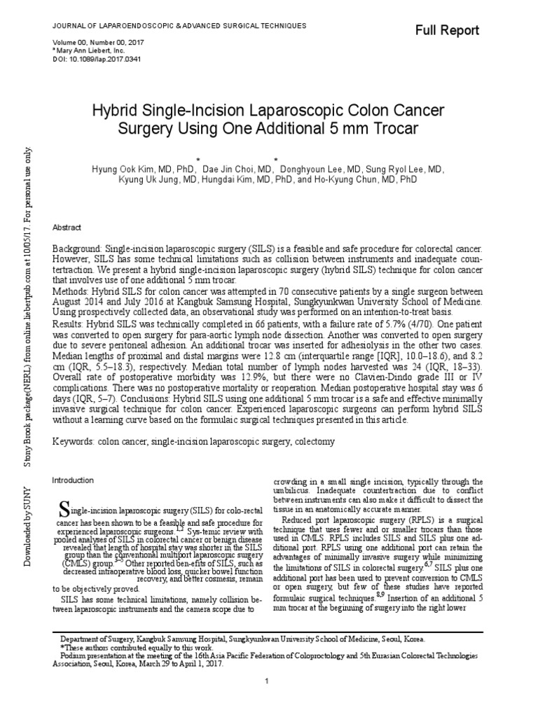 Hybrid Single-Incision Laparoscopic Colon Cancer Surgery Using One ...