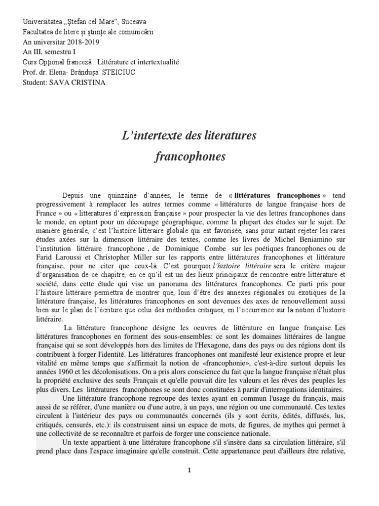 L'intertexte dans les littératures francophones | PDF | Langue ...