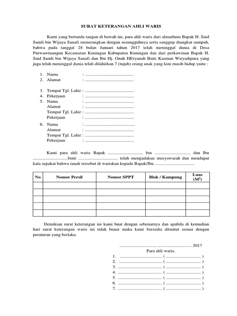 Surat Keterangan Ahli Waris Form | PDF