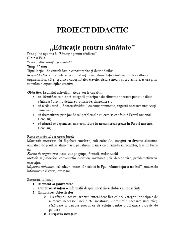 Proiect Didactic Alimentatie Sanatoasa